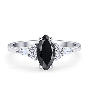 Simulated Black Cubic Zirconia Size-9 Art Deco Vintage Style Marquise Wedding Engagement Bridal Ring Round Simulated Cubic Zirconia 925 Sterling Silver