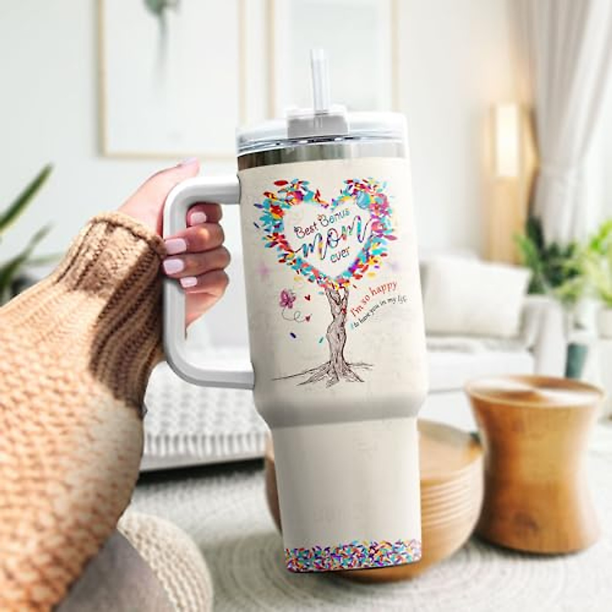 99OWL Bonus Mom Colorful Tree, Tumbler 40 Oz With Handle Lid And Straw, Mom Gifts, Flower Simple Straws Butterfly Modern Tumblers Mothers Heart Handle For Cup Women Cups