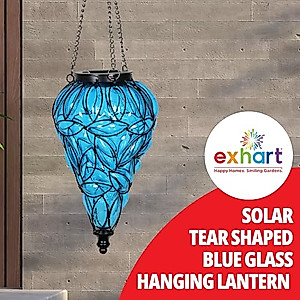 Exhart Outdoor Garden Solar Lights, Tear-Shaped Glass and Metal Hanging Lantern, 15 Firefly LED Lights, 7 x 24 Inch, Blue