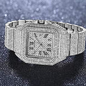 Gosasa Fashion Hip Hop Men's Crystal Watch Bling Bling Iced Out Watch Rectangle Case Stainless Steel Quartz Analog Bracelet Wristwatch (Silver)