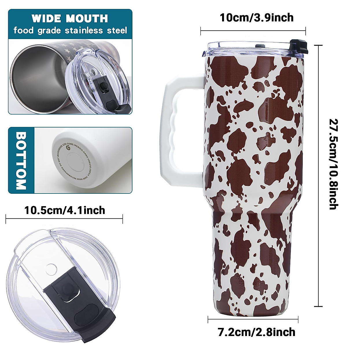 Gome 40 oz Camouflage Cow Print Tumbler with Handle - Insulated Stainless Steel Cow Cup with Lid and Straw - Keeps Drinks Cold and Hot, Birthday Gifts for Women - Hand Wash Only