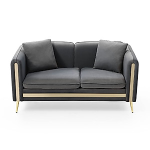 Homtique Modern Velvet Loveseat Sofa, 59 Inch Upholstered Love Seats Furniture Sofa with Side Pocket and 2 Pillows, Gold Metal Legs Decor Small Couches for Living Room/Apartment/Office (Grey)