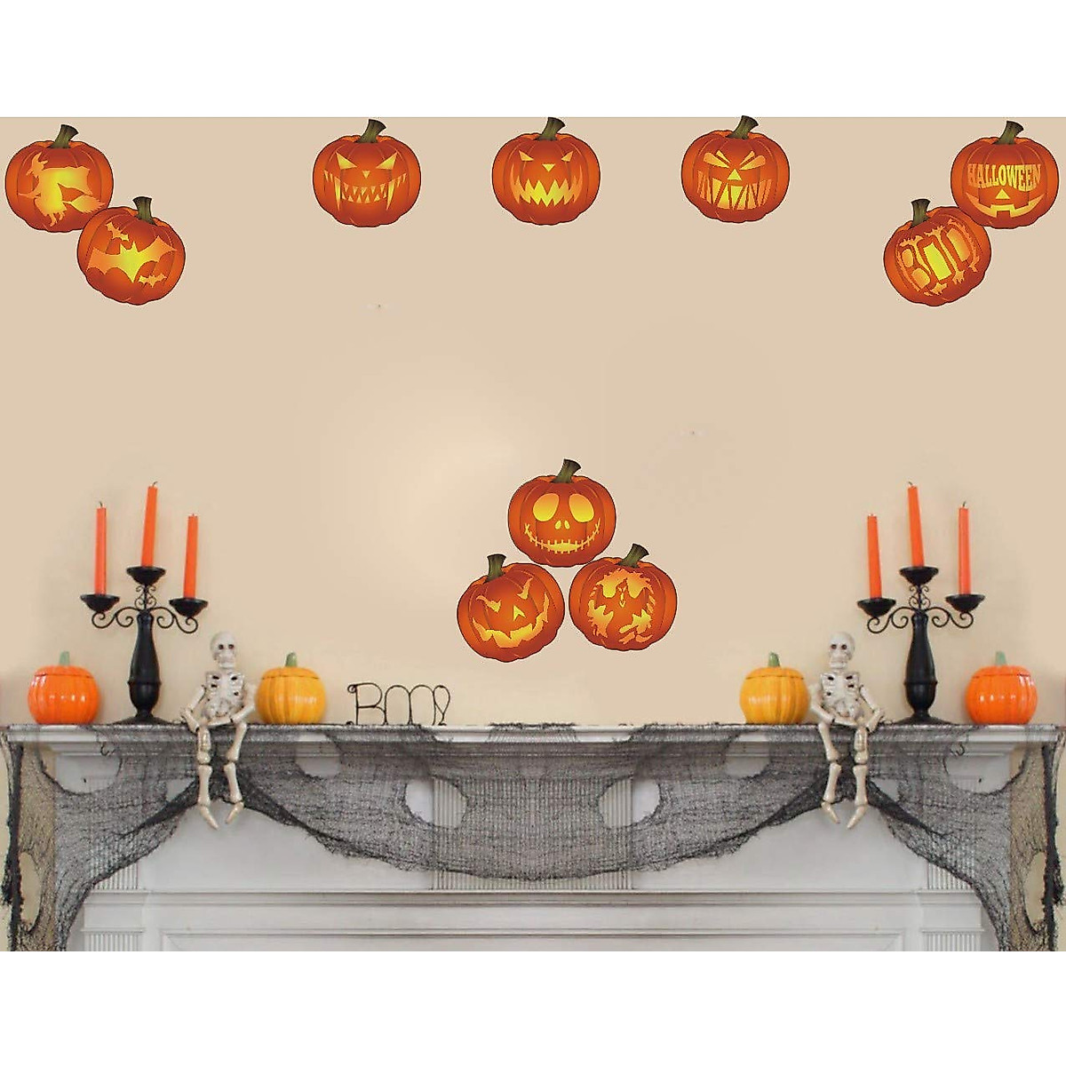 TOARTi Halloween Pumpkin Decal Set of 10, Creative Pumpkin Face Stickers for Home Decor, Halloween Party Theme Kitchen Wall Art Murals, Thanksgiving Party Decoration,Orange