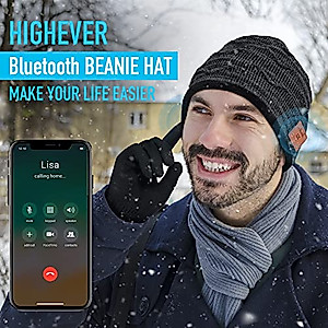HIGHEVER Bluetooth Beanie Hat Stocking Stuffers for Men Women V5.0 Wireless Musical Bluetooth Cap Beanie with Speaker for Outdoor Winter Sport Tech Birthday Mens Gifts for Him/Teens/Boys/Girls Black