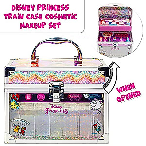 Disney Princess Train Case Girls Beauty Set, Kids Makeup Kit for Girls, Real Washable Toy Makeup Set, Play Makeup, Pretend Play, Party Favor, Birthday, Toys Ages 3 4 5 6 7 8 9 10 11 12