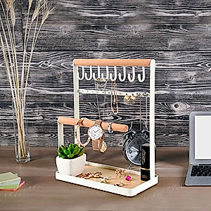PAMANO Jewelry Organizer Necklace Stand Holder, 4-Tier Hanging Wooden Ring Earring Tray, 8 Hooks Necklaces Storage 12 Earring holes, Bracelets, Rings & Watches Display On Desk Tabletop - White
