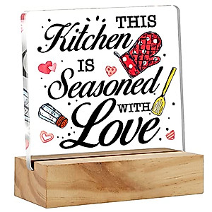 This Kitchen is Seasoned with Love Desk Decor Acrylic Desk Sign Funny Kitchen Acrylic Plaque Home Desk Shelf Decoration Gift 4.7"x4.7"