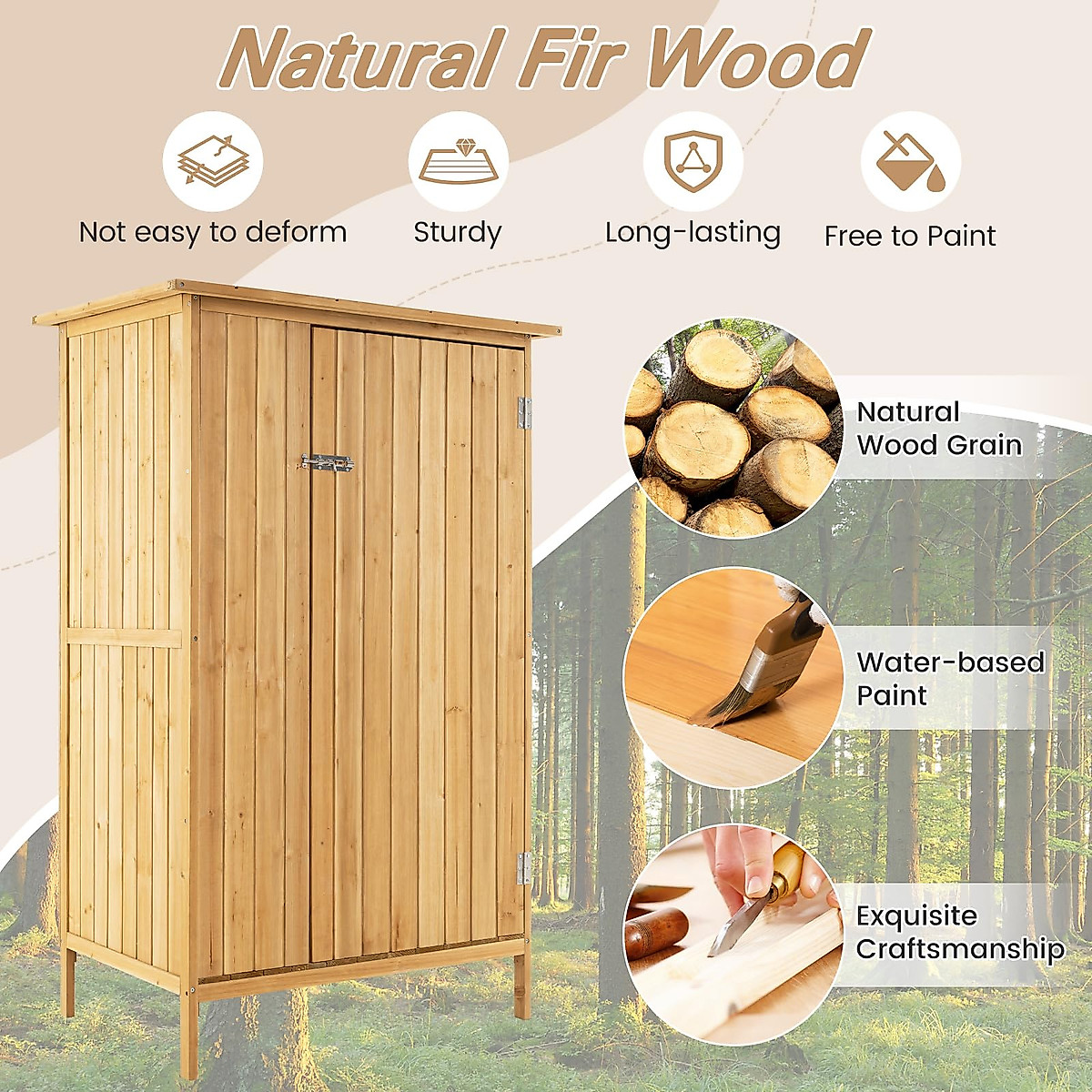 Goplus Outdoor Storage Cabinet, 5 × 3 FT Wooden Garden Shed with Asphalt Roof, 3 Shelves, Lockable Door, 5 Hanging Hooks, Outside Utility Tool Shed Organizer for Backyard, Patio, Deck, Natural