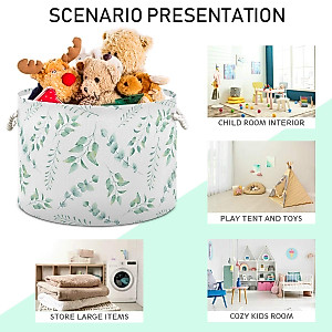 ALAZA Large Storage Basket for Toys Eucalyptus Leaf Green Tropical Plant Round Blanket Basket Laundry Hamper Canvas Organizer Bin Box Cotton Rope Collapsible Bucket Pillow Home Decor
