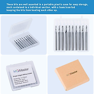 HQMaster CNC Router Bits, 10 Pack 1/8” Shank Spiral Upcut Router Bit 1 Flute End Mill Set Milling Cutter 2mm Cutting Single Flute Tungsten Steel Engraving Tool 8mm CEL, 38.5mm OAL for MDF Acrylic PVC