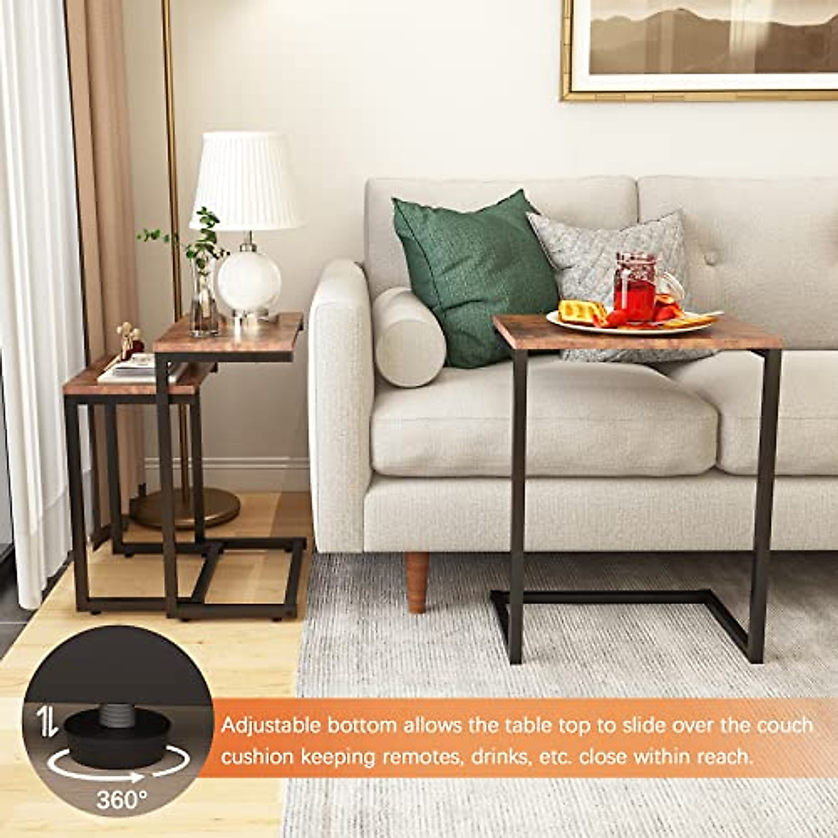 Gdvsclr Nesting Tables Set of 3, End Table with Adjustable Height, C Shaped End Table for Sofa Couch Bed, Nesting Side Tables for Living Room Bedroom, Rustic Brown