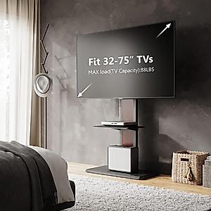 FITUEYES Universal Floor TV Stand with Swivel Height Adjustable Mount for 32 43 50 55 65 75 inch TVs, Mid Century Modern Corner TV Stand with Flexible Shelf for Living Room Bedroom (Black & Walnut)