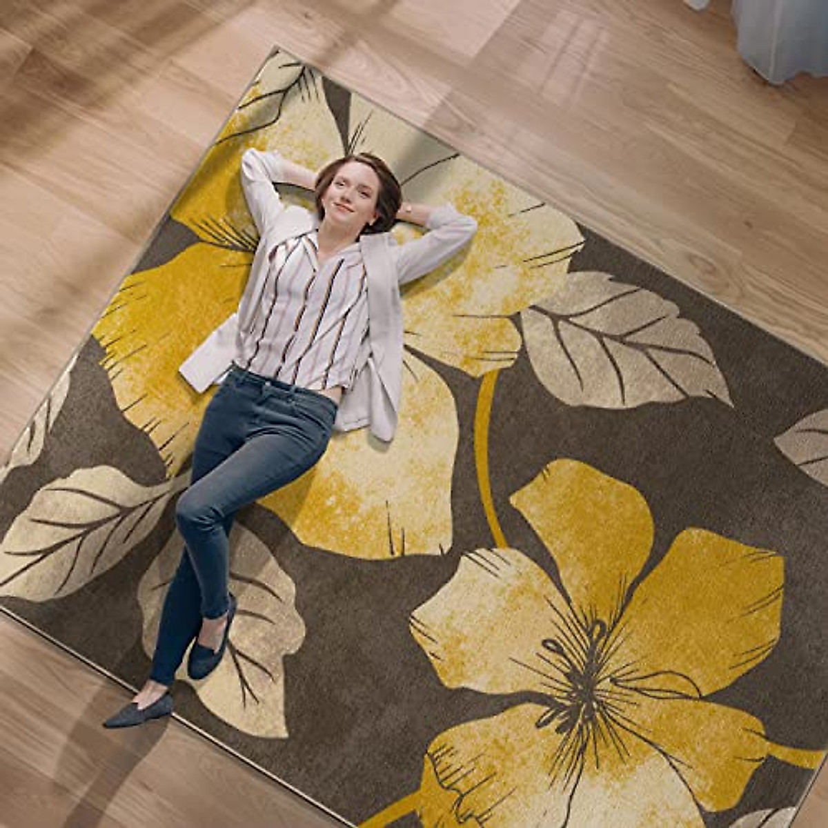 CAMILSON Solana Modern Floral 7'10" x 10'3" Area Rugs Non-Skid (Non-Slip) Rubber Backing Yellow - Brown Flowers Indoor Rug (8x10, Yellow Brown)