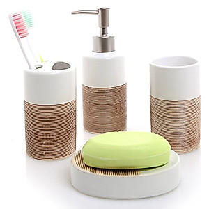 MyGift Bathroom Accessories Set, Deluxe 4 Piece White & Beige Ceramic Bath Accessory Set with Soap Pump Dispenser, Toothbrush Holder, Tumbler & Soap Dish