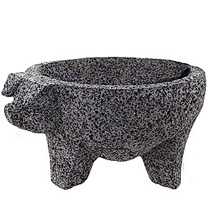 YOPIDO MX Molcajete 9 inch with Pig Design; Spice Mortar; Made with Volcanic Stone; Molcajete Handmade in México; Guacamole and Salsa Maker; Includes Pestle Stone