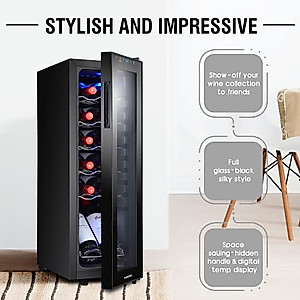 Phiestina Wine Cooler, Freestanding Wine Fridge Holds 12 Bottles, Small Wine Refrigerator for Home Bar with Digital Temperature Control, Glass Front Doors and Interior Lighting