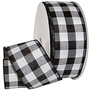 Morex Ribbon 7398.60/50-613 Cambridge 2.5" X 50 YD Wired Ribbon, Black and White, Buffalo Check Plaid Ribbon for Gift Wrapping, Christmas Decorations Indoor Home Decor, Craft Supplies & Materials
