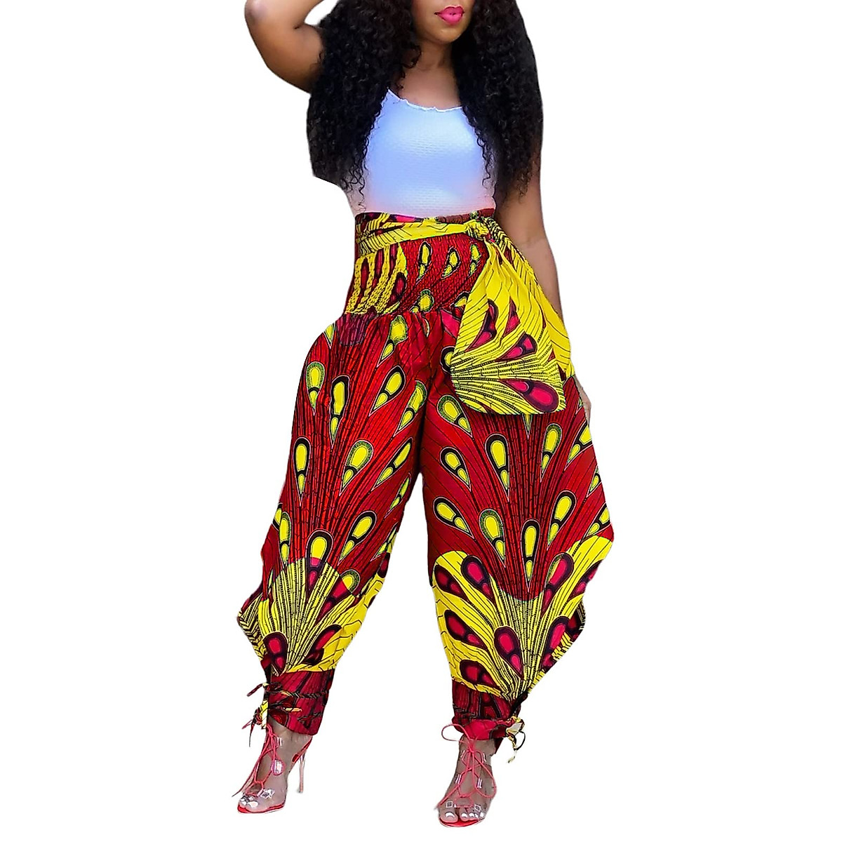 Women's Yoga Harem Pants Afriacan Print Joggers Hippie Bohemian Palazzo Lounges with Pockets Red