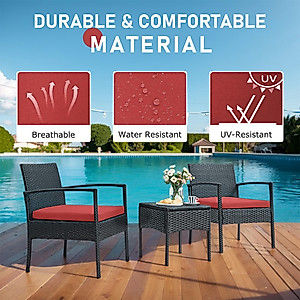 HOMEZILLIONS Outdoor Furniture 3 Piece Wicker Patio Conversation Bistro Furniture Set, All-Weather Outdoor Patio Chairs Set with Side Table for Garden Porch Yard, Red