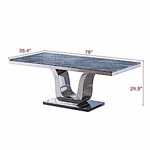 78'' Marble Dining Room Table for 6 or 8, Dining Table with Silver Stainless Steel "U" Shaped Pedestal, Rectangular Kitchen Table with 0.71'' Thick Gray Marble Tabletop, Mirror Finish Base(No Chairs)