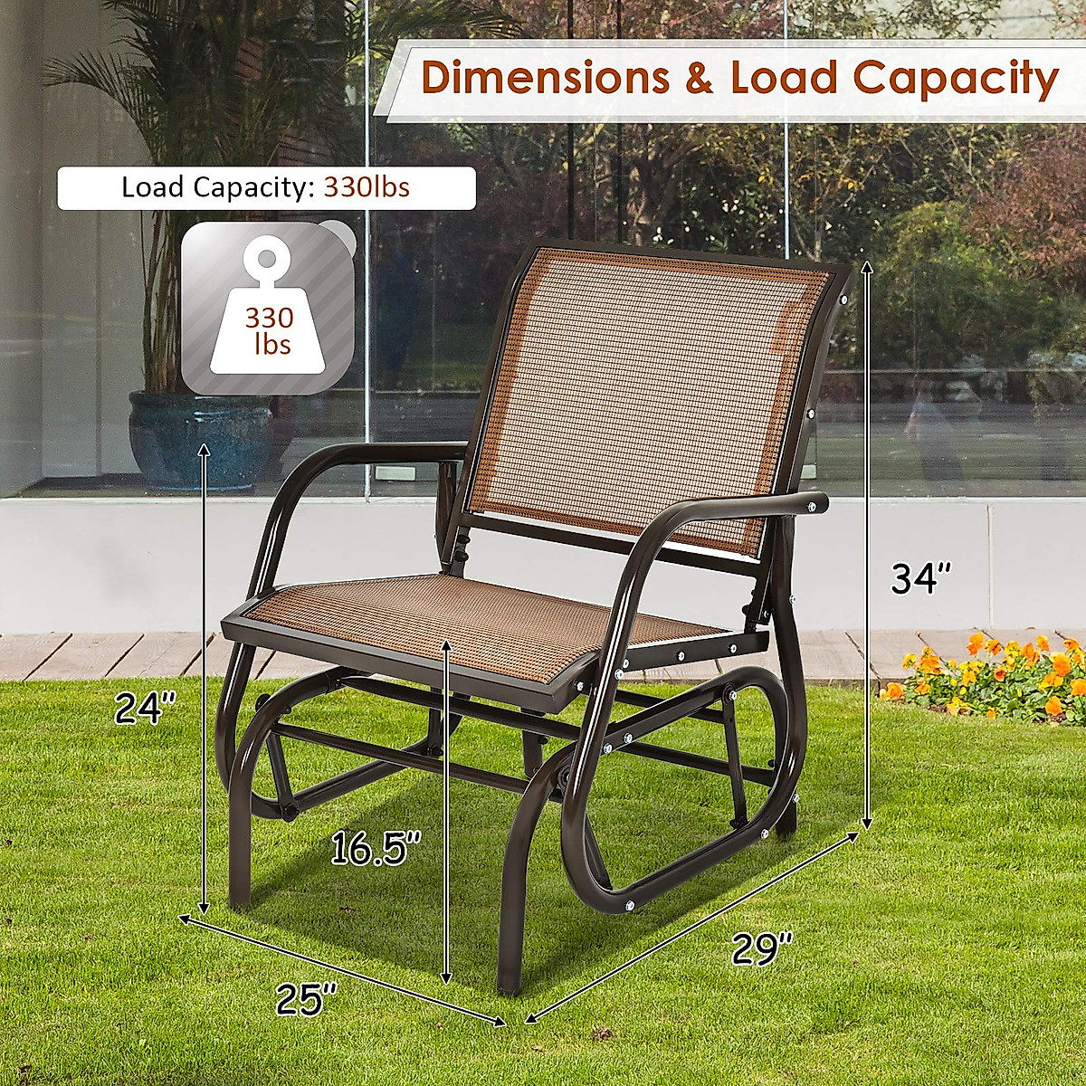 Giantex Swing Glider Chair W/Study Metal Frame Comfortable Patio Chair Love-Seat for Garden, Porch, Backyard, Poolside, Lawn Outdoor Rocking Chair (1, Brown)