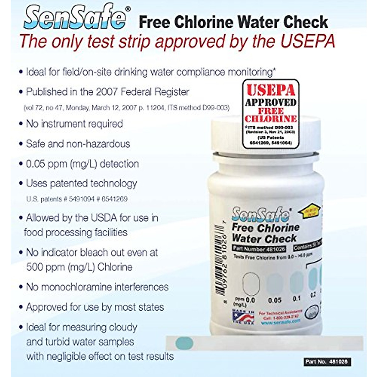 Industrial Test Systems SenSafe 481126 Free Chlorine Test Strip, 40 Seconds Test Time, 0-6ppm Range (Pack of 30)