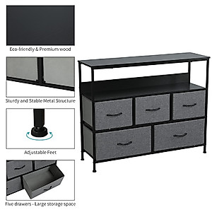 AMISEN Dresser Drawers TV Stand, Entertainment Center with Shelves, Storage Console Table with 5 Fabric Drawers for Bedroom, Living Room, Entryway, Hallway, Grey