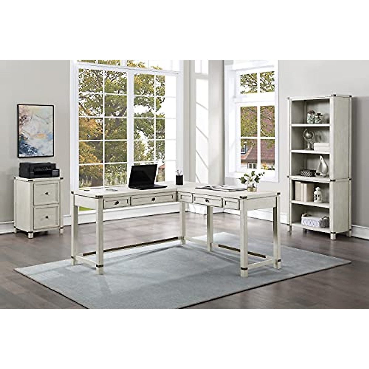 OSP Home Furnishings Baton Rouge Rustic L-Shape Office Desk with Power Port Drawer, Champagne Oak Finish