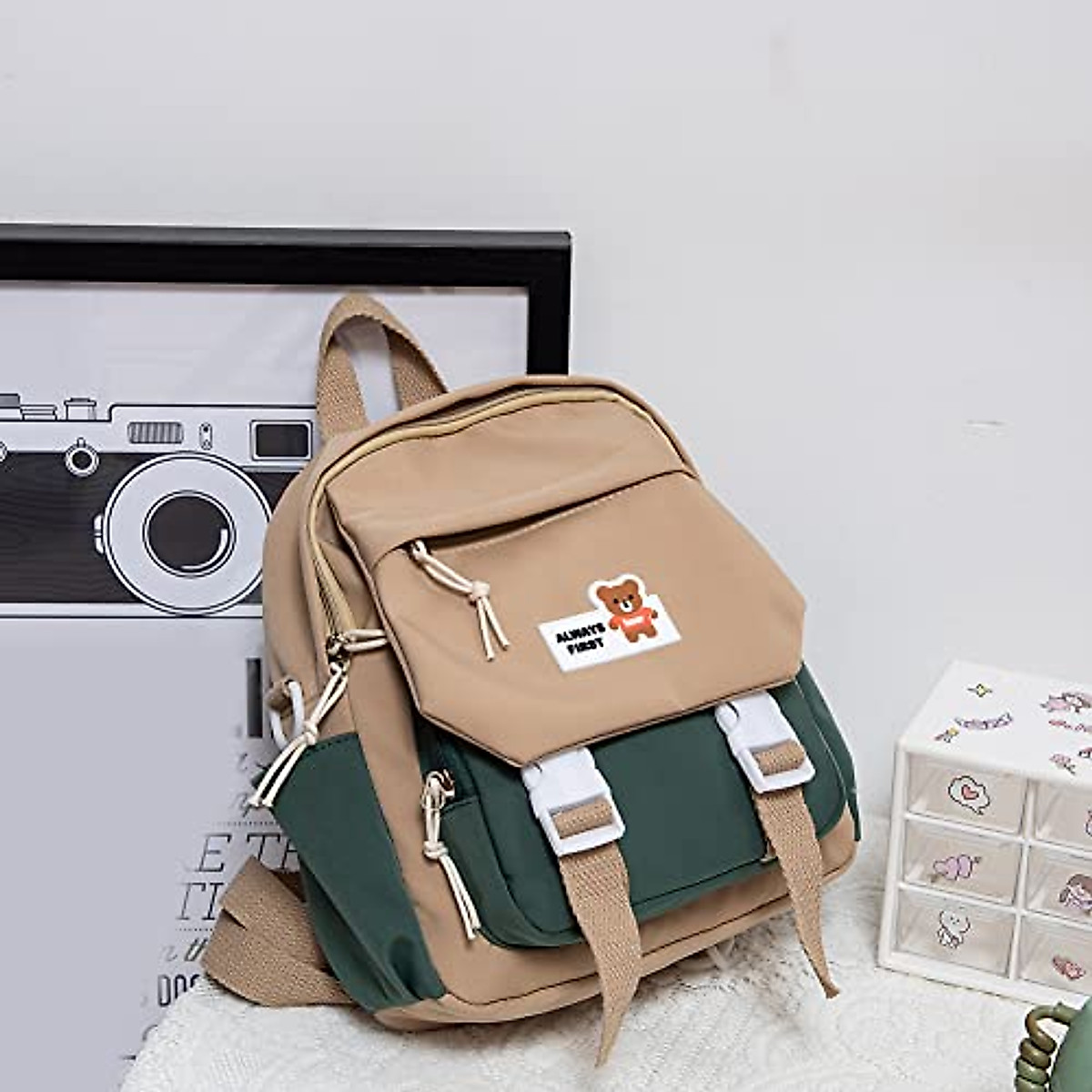AZURAOKEY Cute Mini Backpacks with Accessories, Kawaii Girls Student Shoulder School Bags Small Travel Kawaii Small Backpack Aesthetic Backpack for School, Travel (Coffee)