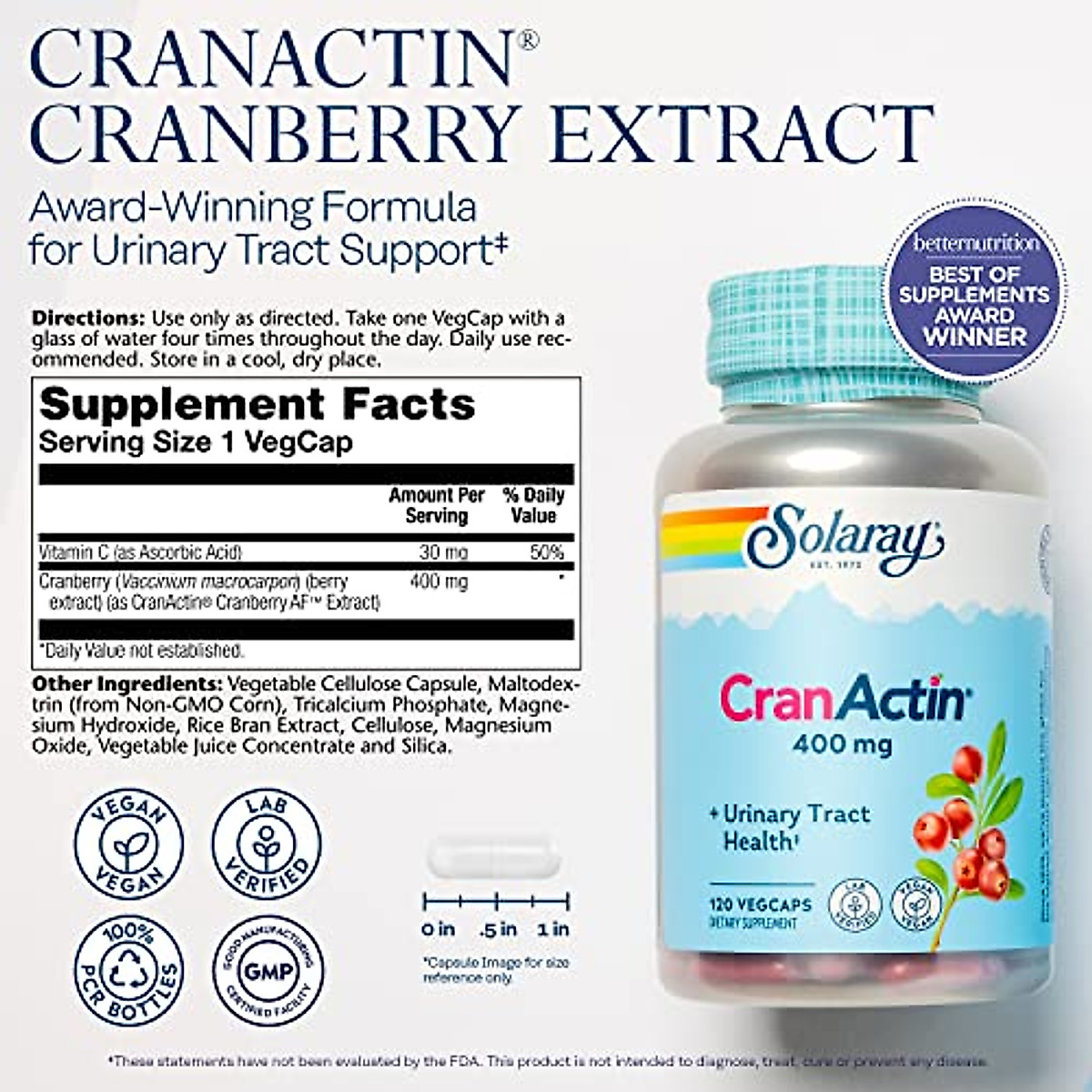 SOLARAY CranActin Cranberry Extract 400mg, Concentrated Cranberry Supplement for Urinary Tract Health & Bladder Support, with Vitamin C for Immune Support, Vegan (120 CT)