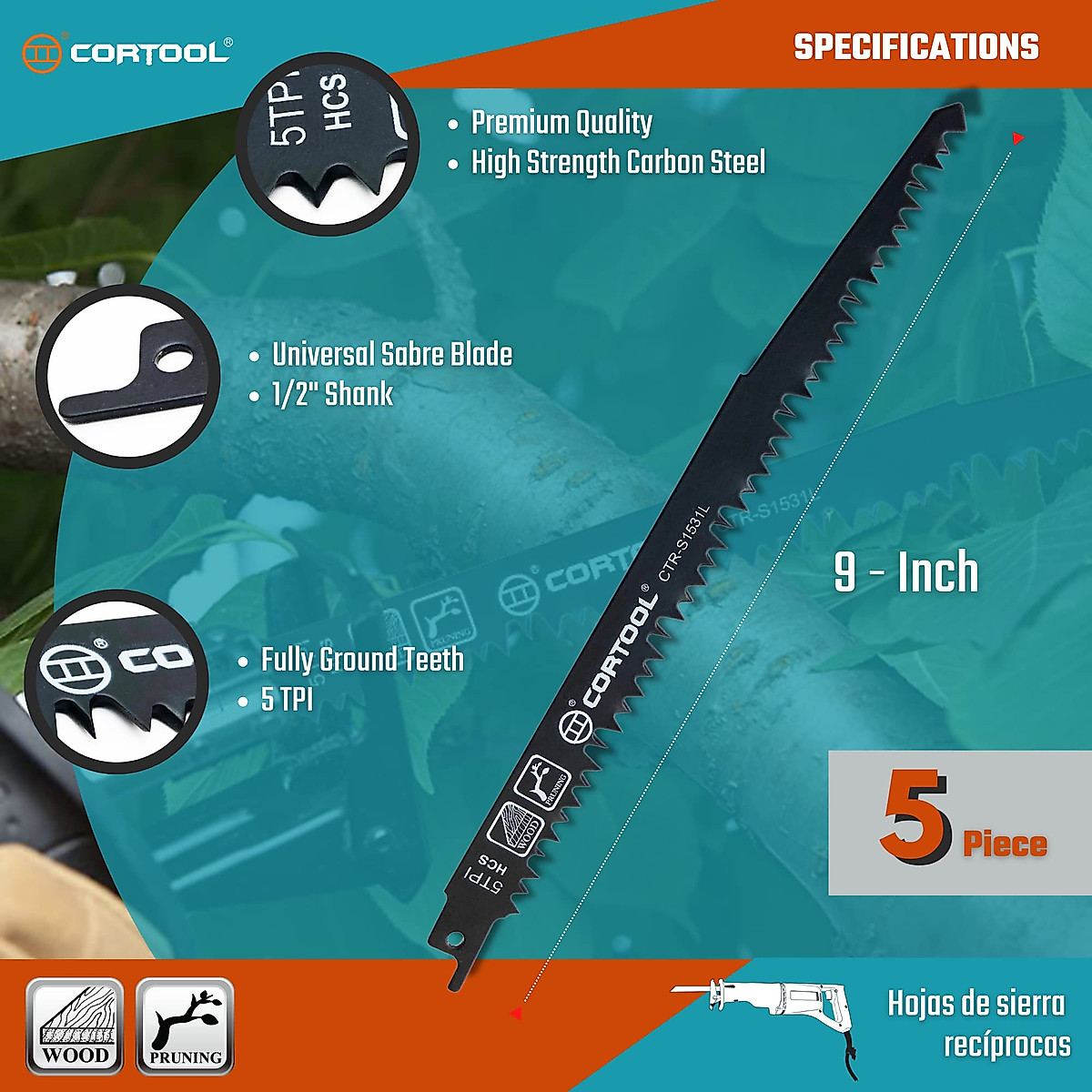 Reciprocating Saw Blades for Wood Pruning 5TPI Sawzall Pruning Blades 9 Inch Wood Cutting Blades for Reciprocating/Sawzall Saws/Sabre Saws - 5 Pack