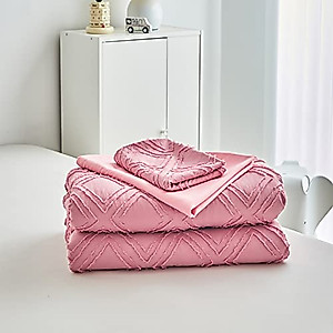 4 Pieces Tufted Toddler Bedding Set Solid Pink Jacquard Tufts, Soft and Embroidery Shabby Chic Boho Bohemian Design for Baby Girls, Includes Comforter, Flat Sheet, Fitted Sheet and Pillowcase