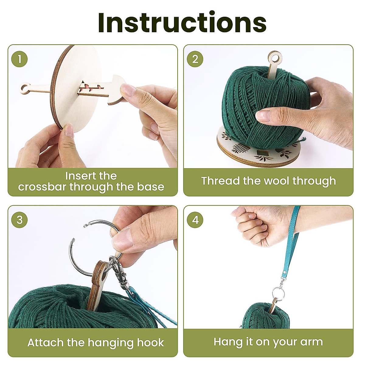 KHOCOEE Portable Wrist Yarn Holder Set, 3 PCS Wooden Yarn Spinner with 3 Crochet Rings & 50 Knitted Crochet for Carrying Yarn On The Go Knitting Supplies for Compilation Enthusiasts