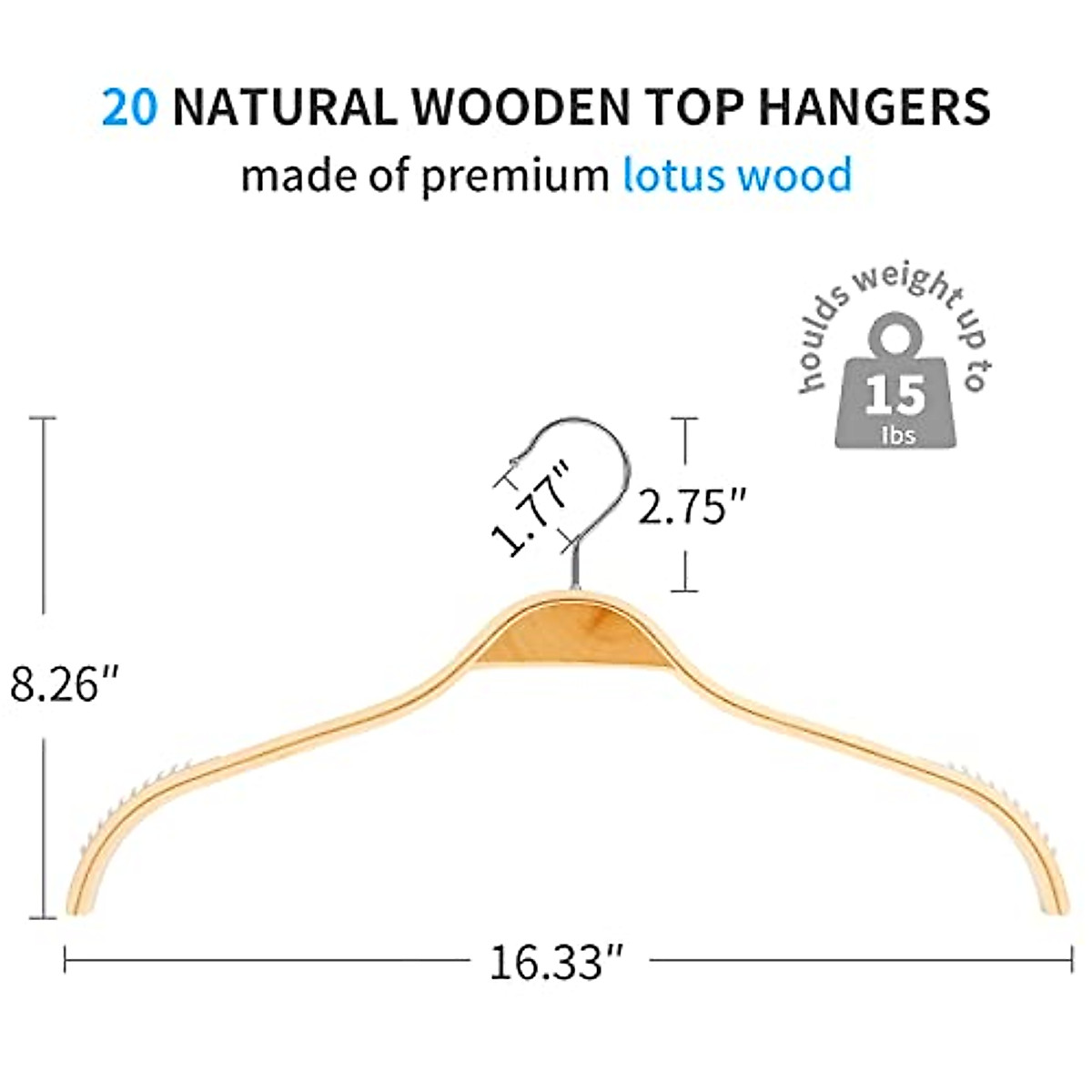KihampHome Super Durable Natural Wood Hangers(20pcs) Space Saving with Extra Smooth Finish and No Bulge Shoulder Design,Heavy Duty Hangers with Non Slip Stripes,Perfect for Coat,Sweater and Shirt