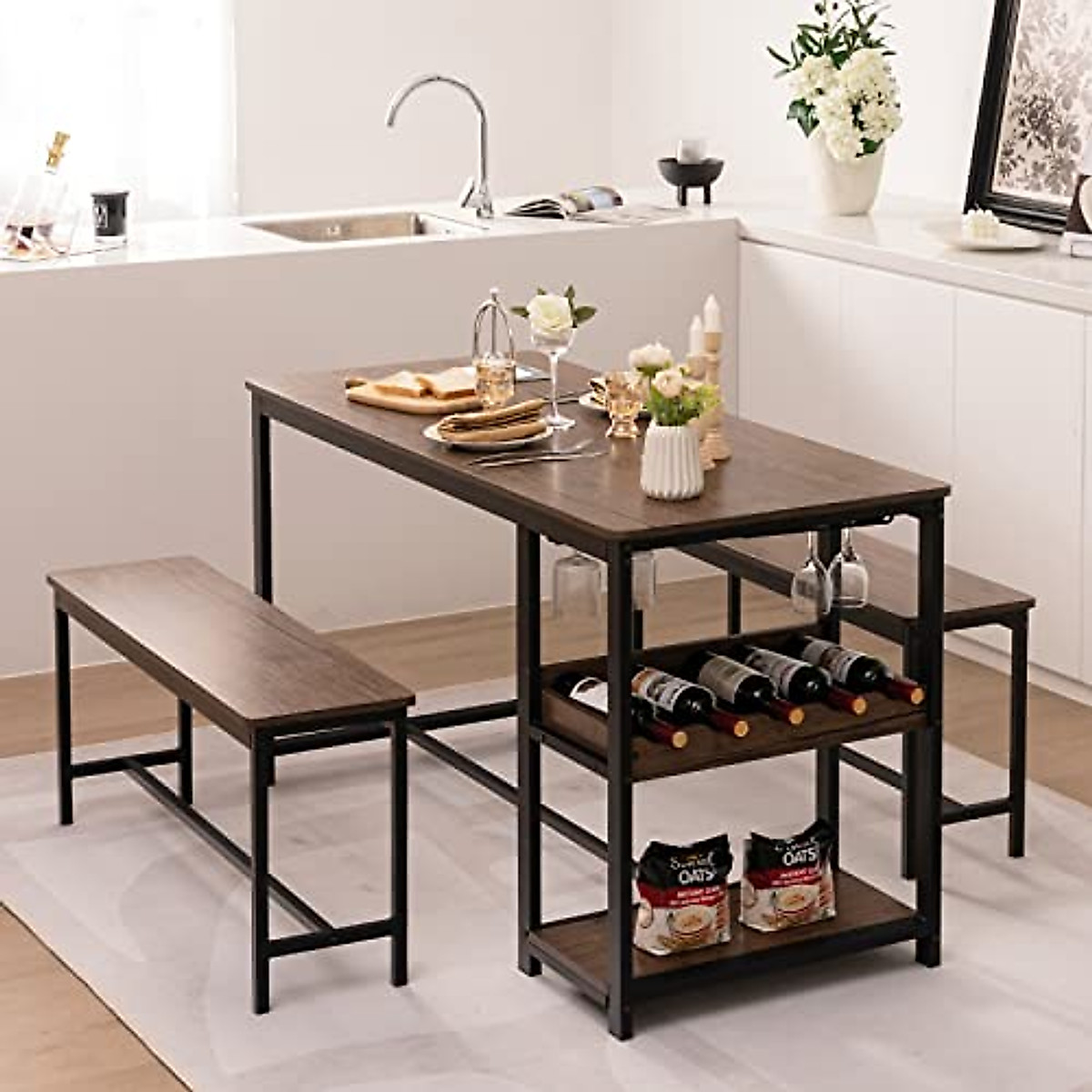 COSTWAY 3-Piece Dining Table Set for 4, Rustic Pub Dining Table with 2 Benches, 2 Storage Shelves and Glass Holder, Breakfast Kitchen Table and Chairs Set for Small Space Kitchen Restaurant Bar