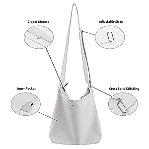 Muka Canvas Shoulder Bag with Zipper, White Hobo Crossbody Handbag Casual Tote