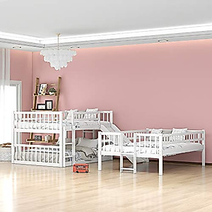 OYN Wooden Full-Over-Full-Over-Full Triple Bed Frame with 2 Built-in Ladder and Slide ,Triple Bed with Full Length Guardrails for Children, Teens ,Boys & Girls, White