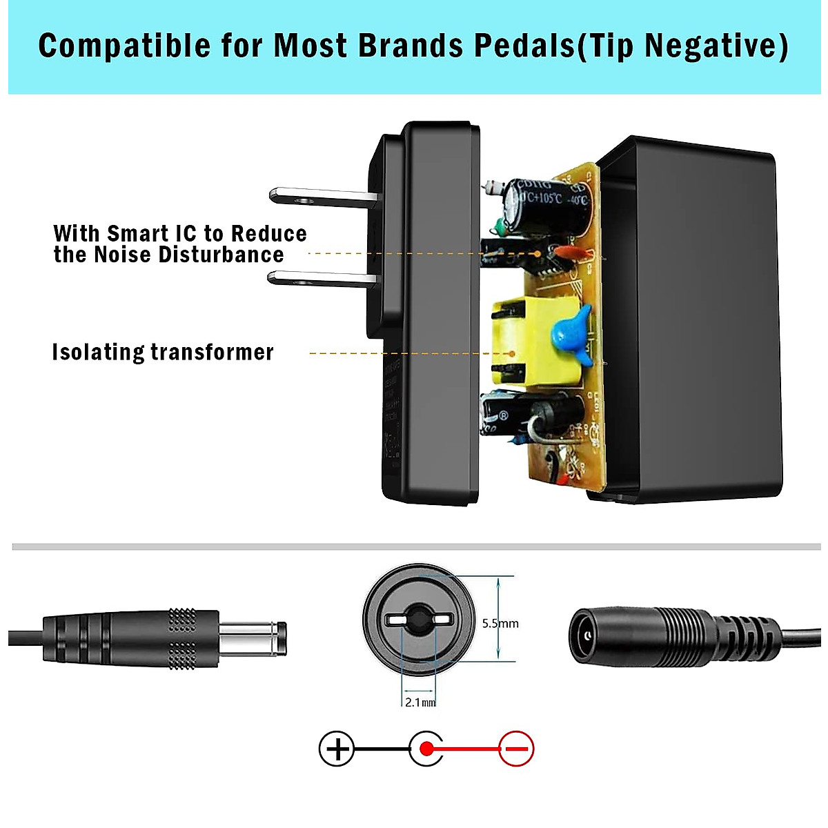 JOYO DC 9V Guitar Pedal Power Supply (800mA -1A) AC Wall Charger Adapter with 4 Way Daisy Chain Pedal Cables (8.8 FT), Compatible for Most Effect Pedals (Tip Negative)