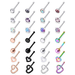 Hoeudjo 20G Opal Nose Rings Surgical Steel Nose Ring Studs Heart CZ Inlaid Piercing Jewelry for Women Men Girls 28 Pieces Bone Nose Rings