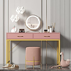WESTREE Women Makeup Vanity Desk with 2 Drawers - Bedroom Home Office Desk, Wooden Height Monitor Stand & Storage Shelf Without Mirror, Pink Table Great Gift for Her