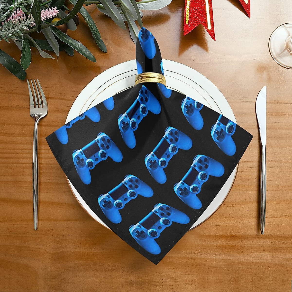 Oyihfvs Video Game Joystick Gamepad in Blue Neon Lights Isolated on Black Cloth Napkin Set of 1,Dinner Napkins Reusable Table Napkin Washable Polyester Fabric for Cocktail Party Holiday Wedding Home