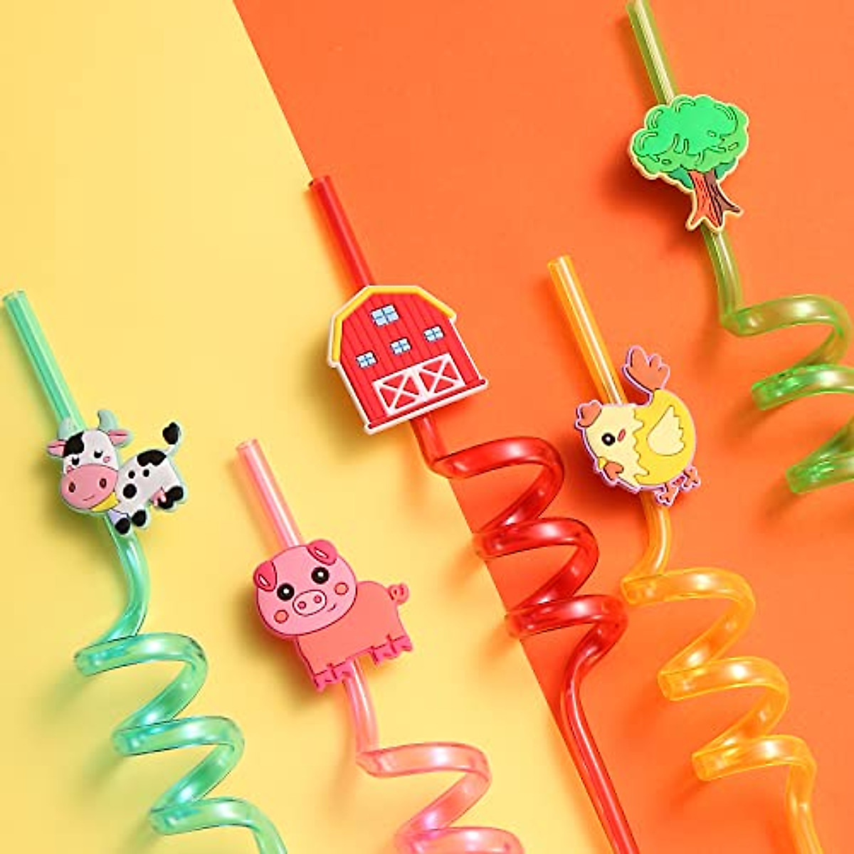 AFZMON 24 PCS Farm Aminal Drinking Straws Reusable Plastic Beverages Cocktail Straw with Cartoon Decoration for Kids Farm Animal BIrthday Party Supplies Favors,8 Styles