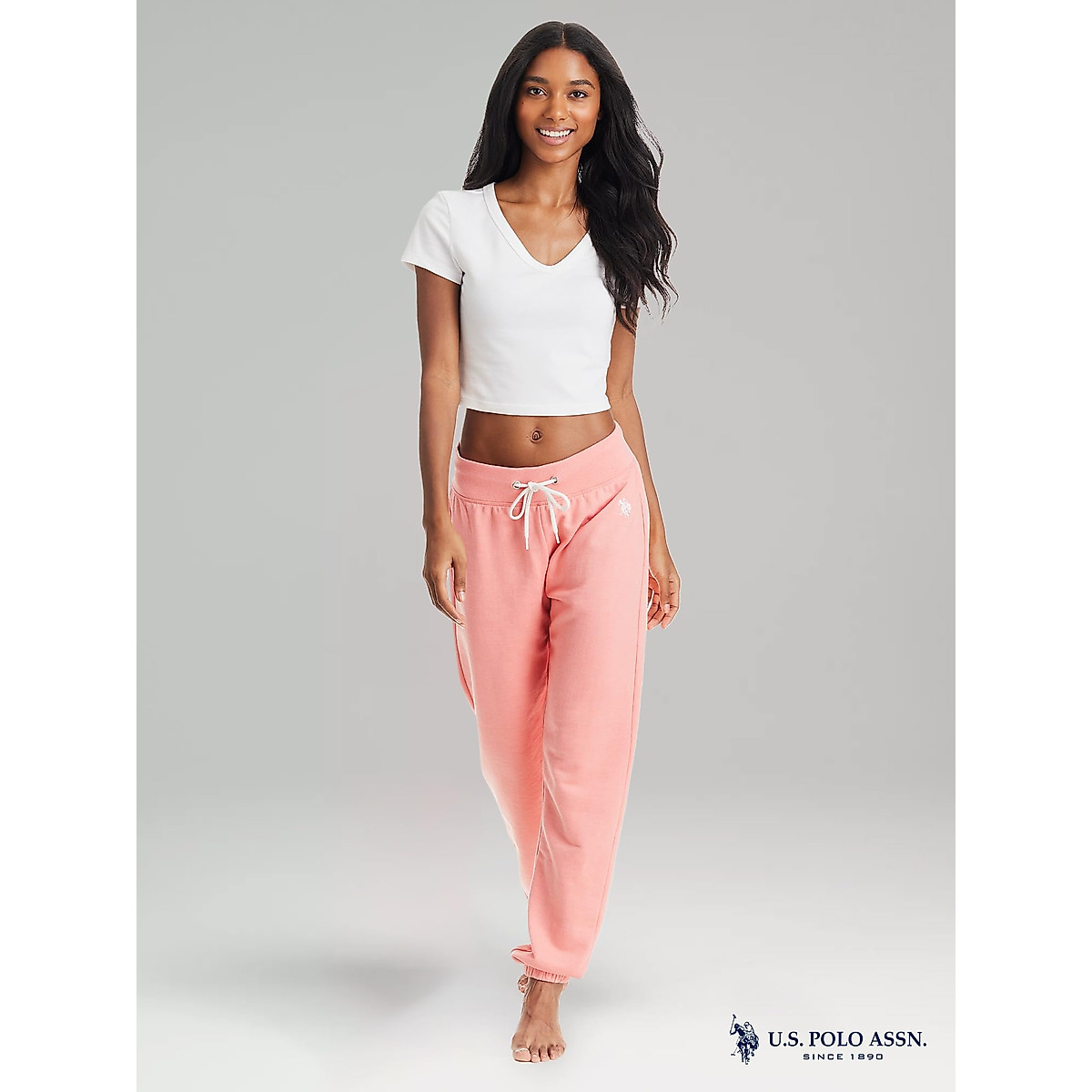 U.S. Polo Assn. Womens Sweatpants Joggers, Comfy and Breathable French Terry Lounge Pants for Women (Coral Heather, Medium)