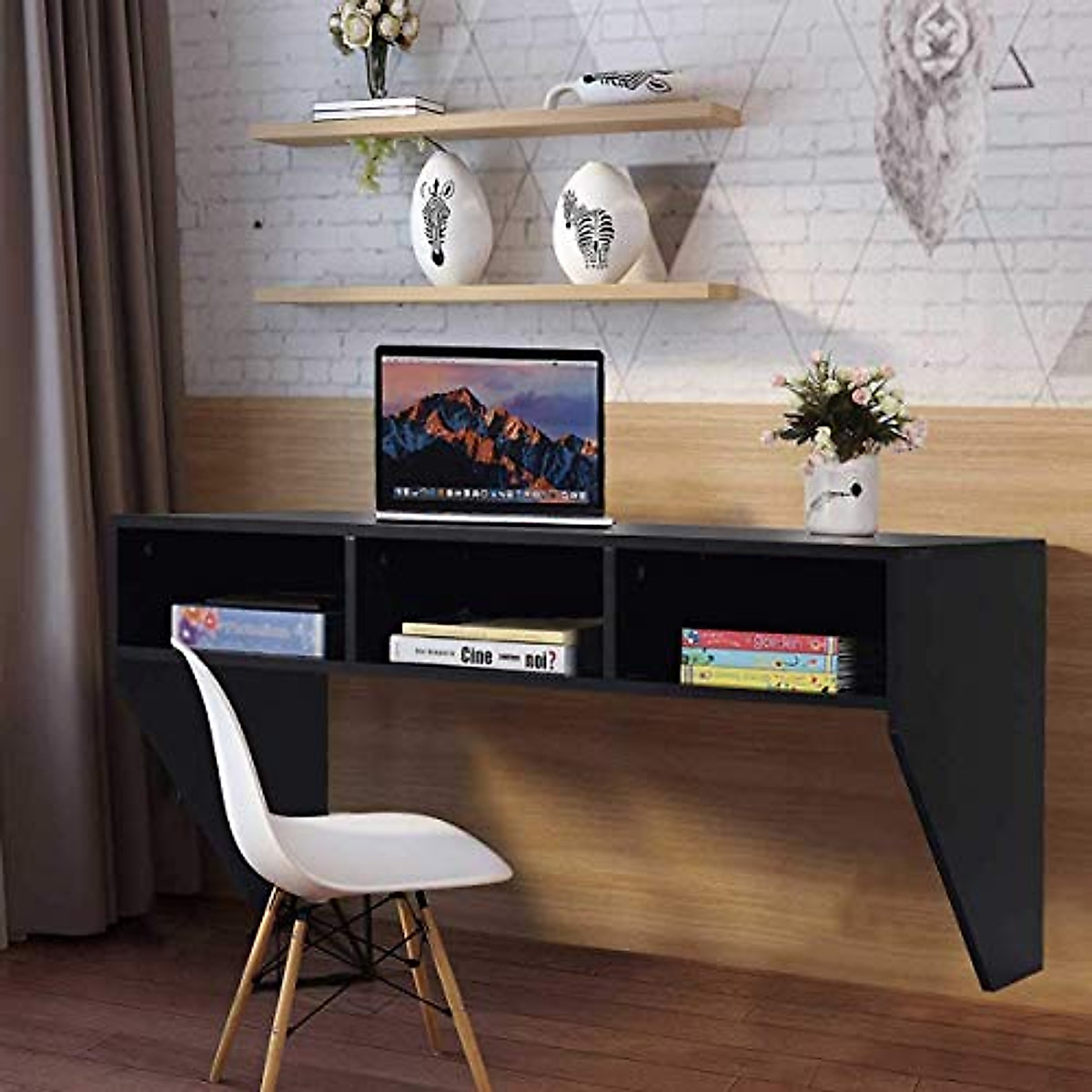 WATERJOY Wall Mounted Desk Computer Desk Floating Table, Home Office Working Desk, Wall Mounted Console Workstation Laptop PC Table with Storage Shelves Black