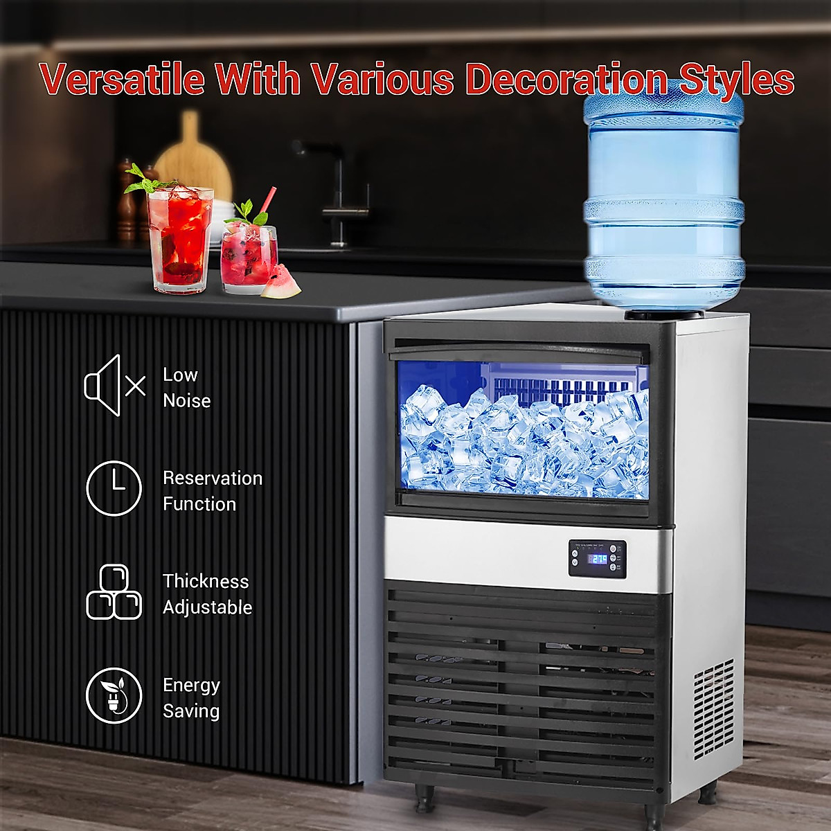 GarveeTech 120Lbs/24H Commercial Ice Maker Machine, 26lbs Storage Bin, 60Pcs Clear Ice Cubes, Stainless Steel Under Counter Freestanding Ice Machine for Home/Party/Bar/Restaurant, 2 Water Inlet Modes