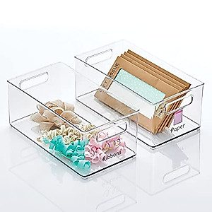 mDesign Plastic Craft Room Storage Box - Sewing, Crochet Storage Container with Built-in Handles for Thread, Beads, Ribbon, Glitter, Clay - 14.6" x 8.1" x 6" Pack of 2, Includes 24 Labels - Clear