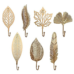 ORYOUGO Set of 7 Decorative Leaves Iron Hooks Extra Large Plant Modern Key Holder Wall Mounted Gold Single Prong Coat Hanger for Hallways, Living Room