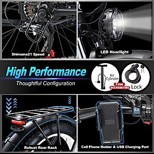 QIKAITU Electric Bike for Adults 1600W 48V 20AH Removable Battery 28MPH 26" x 4" Fat Tire Snow Beach Mountain Ebike with 21-Speed Shifting Gear Hydraulic Disc Brake City Electric Bicycles(Black-Blue)