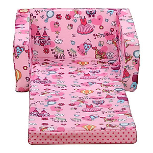 Qaba Kids Fold-Out Couch/Chair Lounger with Space-Themed Washable Fabric & Removable Cushion for 3-6 Years Old, Pink