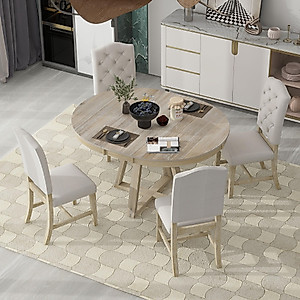 Lifeand 5-Piece Retro Functional Set, Round Table with a 16" w Leaf and 4 Upholstered Chairs for Dining Living Room,Natural